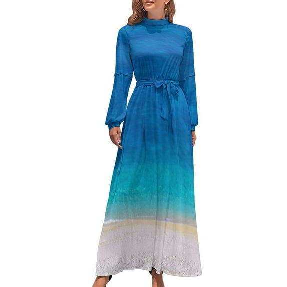 Beach Star Print Dress Long Sleeve Sea Shells Cute Maxi Dress High ...