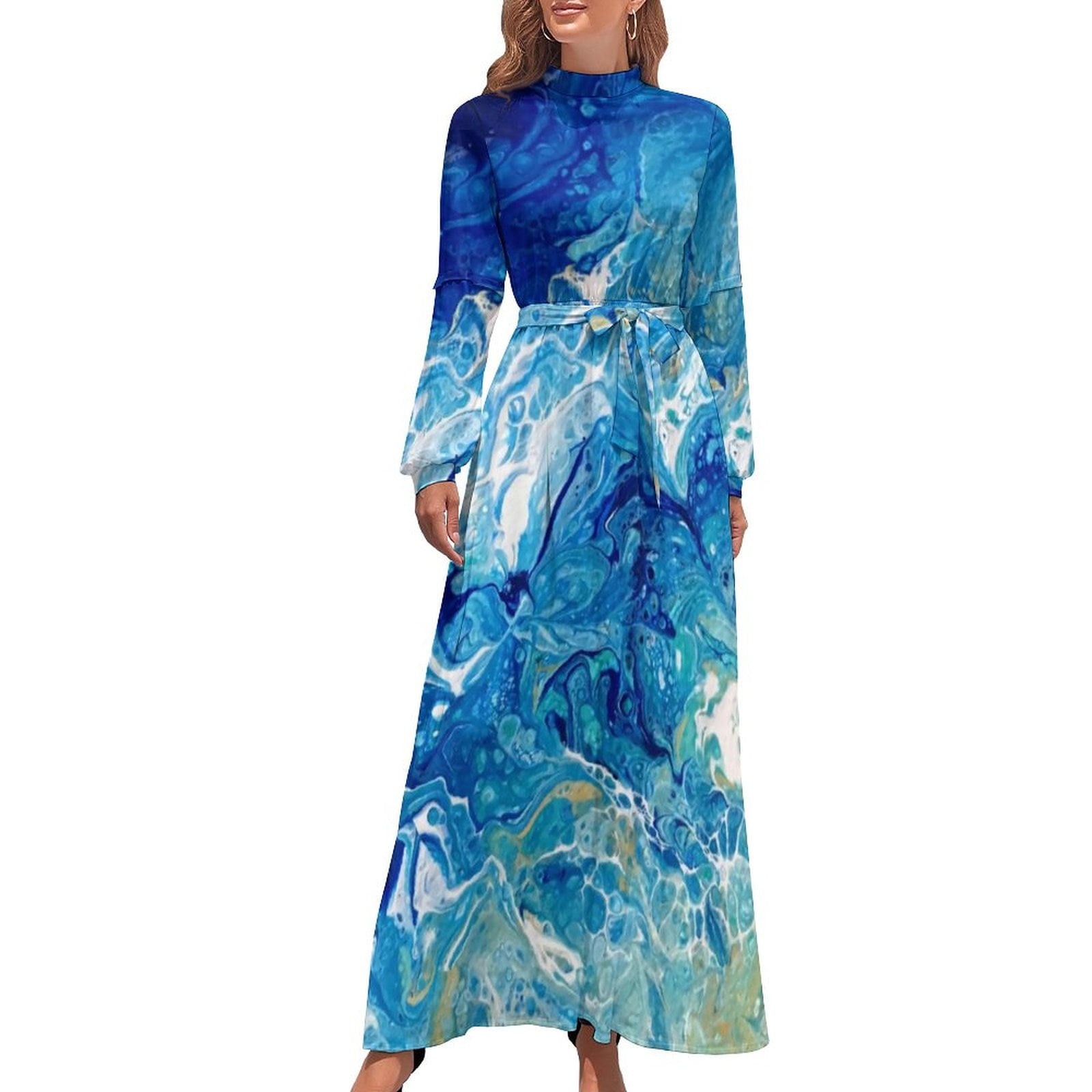 Beach Star Print Dress Long Sleeve Sea Shells Cute Maxi Dress High ...