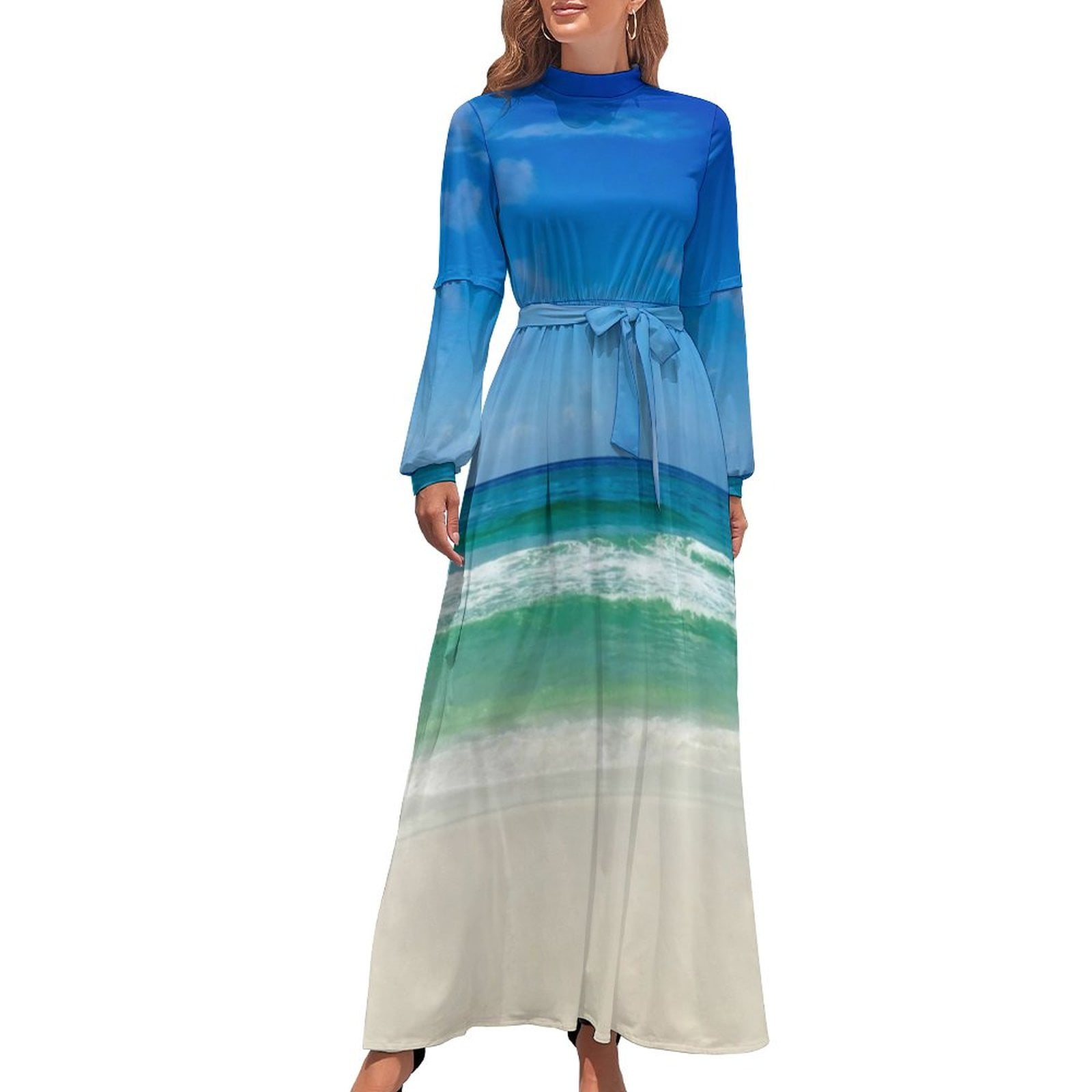 Beach Star Print Dress Long Sleeve Sea Shells Cute Maxi Dress High ...