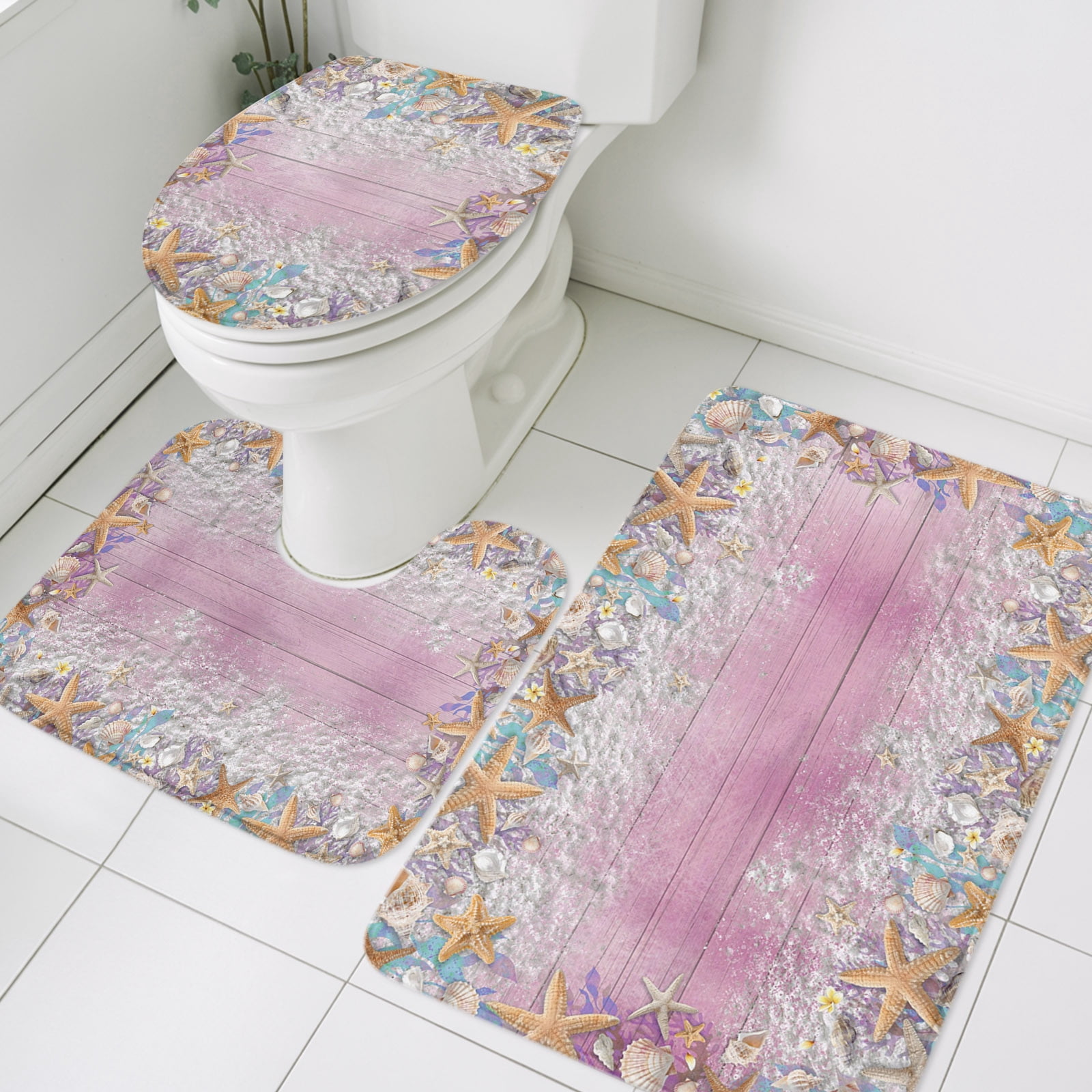 Beach Starfish Bathroom Rugs Set Watercolor Summer Sea Star Nut Shell ...
