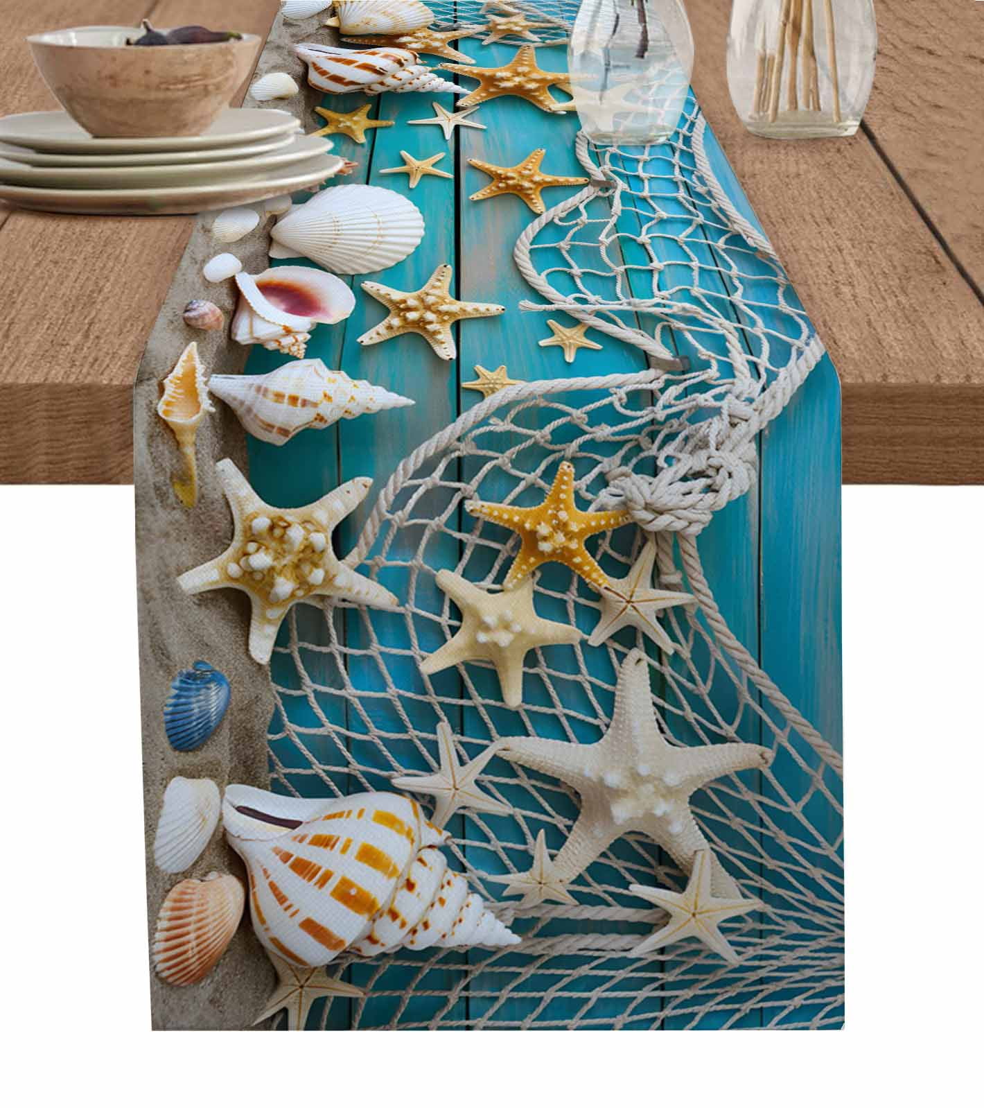 Beach Starfish Burlap Cotton Table Runner 13x70 Inches Long, Ocean ...