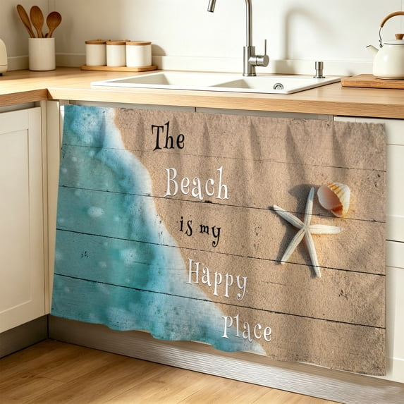 Beach Starfish Cabinet Curtain, The Beach Is My Happy Place Wood Grain ...