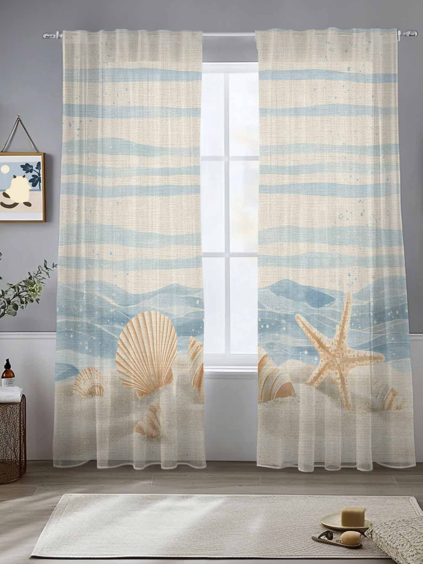 Beach Starfish Conch Shell Chiffon Sheer Curtains 84 Inches Long Blue ...