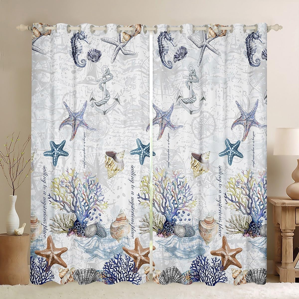 Beach Starfish Darkening Drapes Ocean Marine Themed Sailboat Curtains ...