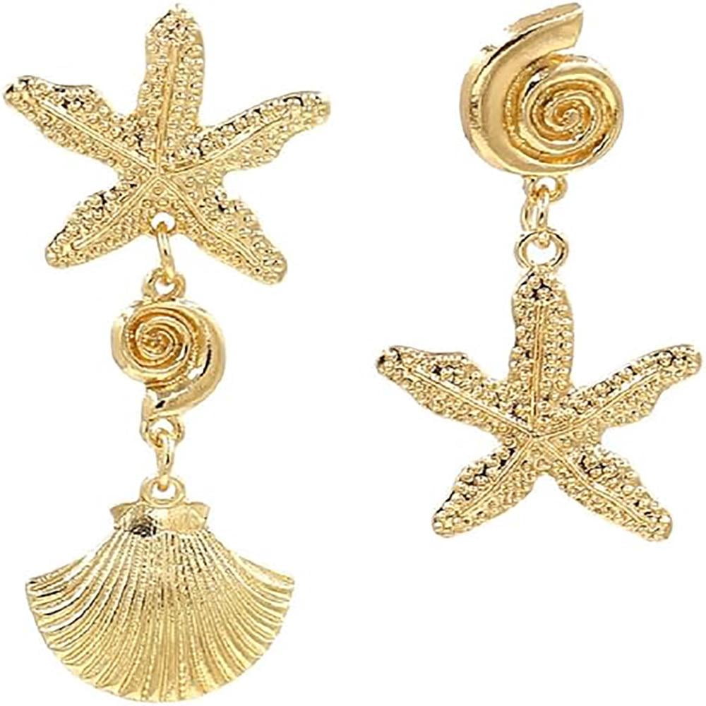 Beach Starfish Gold Tone Shell Dangle Earrings Boho Ocean Summer ...