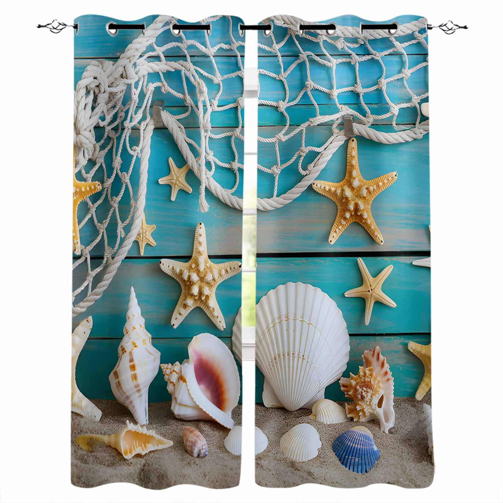 Beach Starfish Kitchen Curtains Ocean Conch Fishing Net Blue Wood Grain ...
