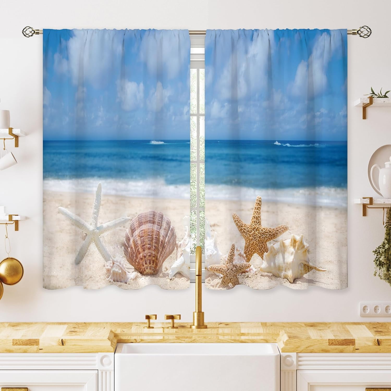 Beach Starfish Seashell Small Kitchen Curtains Ocean Coastal Window ...