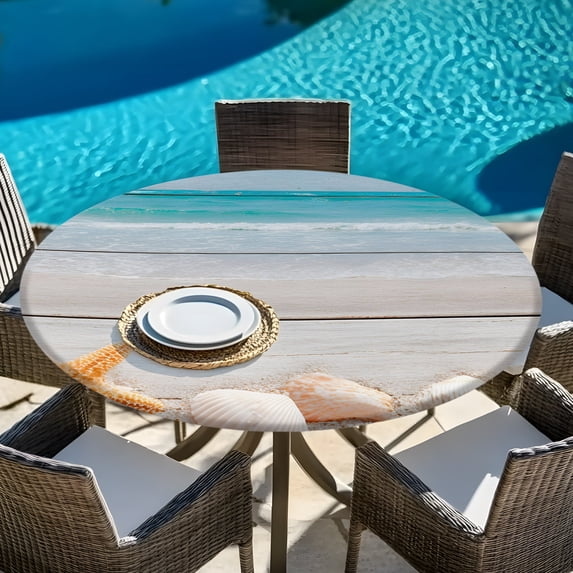 Beach Starfish Seashell Summer Ocean Round Fitted Tablecloth with ...