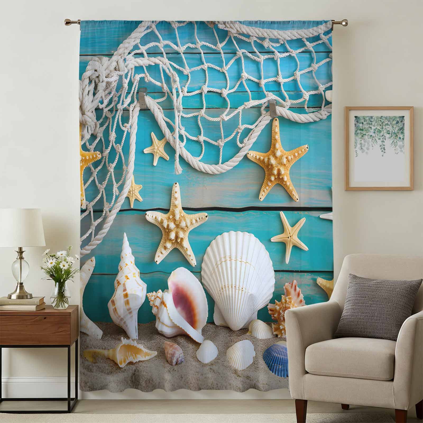 Beach Starfish Sheer Curtains 54 Inches Long, Ocean Conch Fishing Net ...