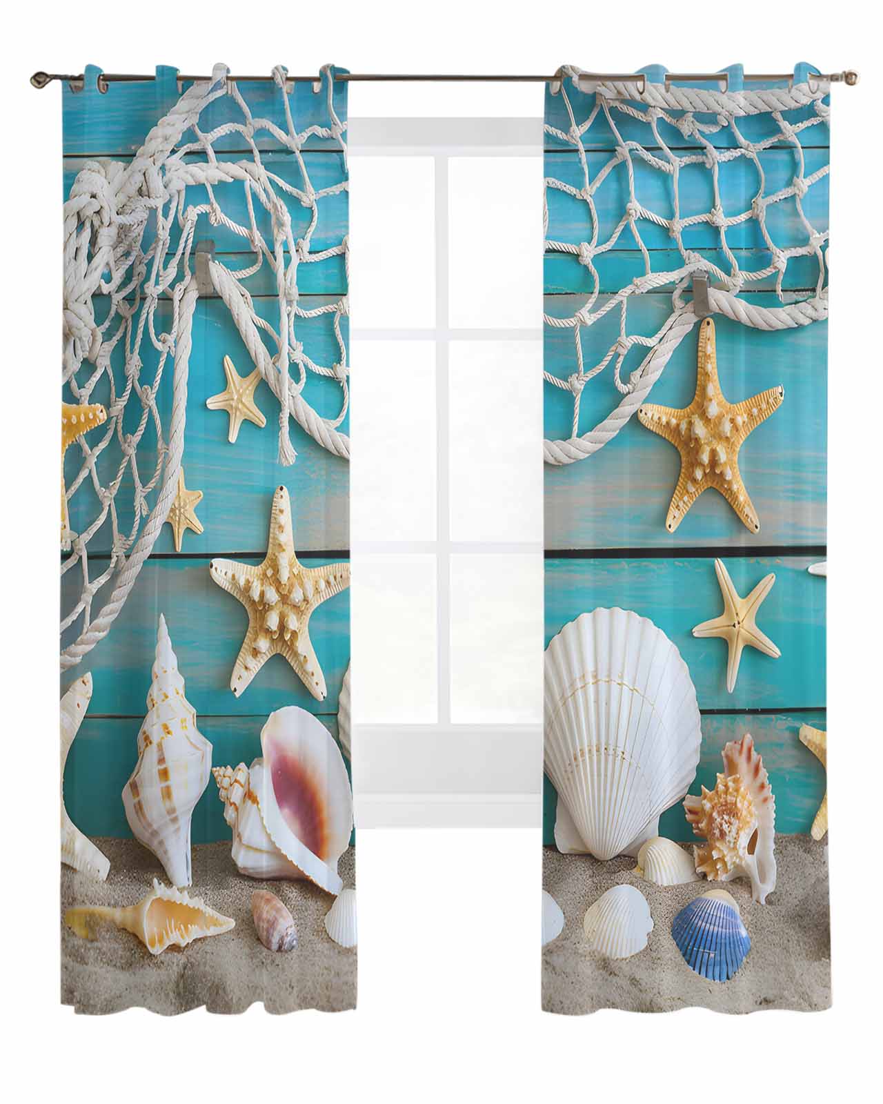 Beach Starfish Sheer Curtains 63 Inch Length 2 Panels Ocean Conch ...