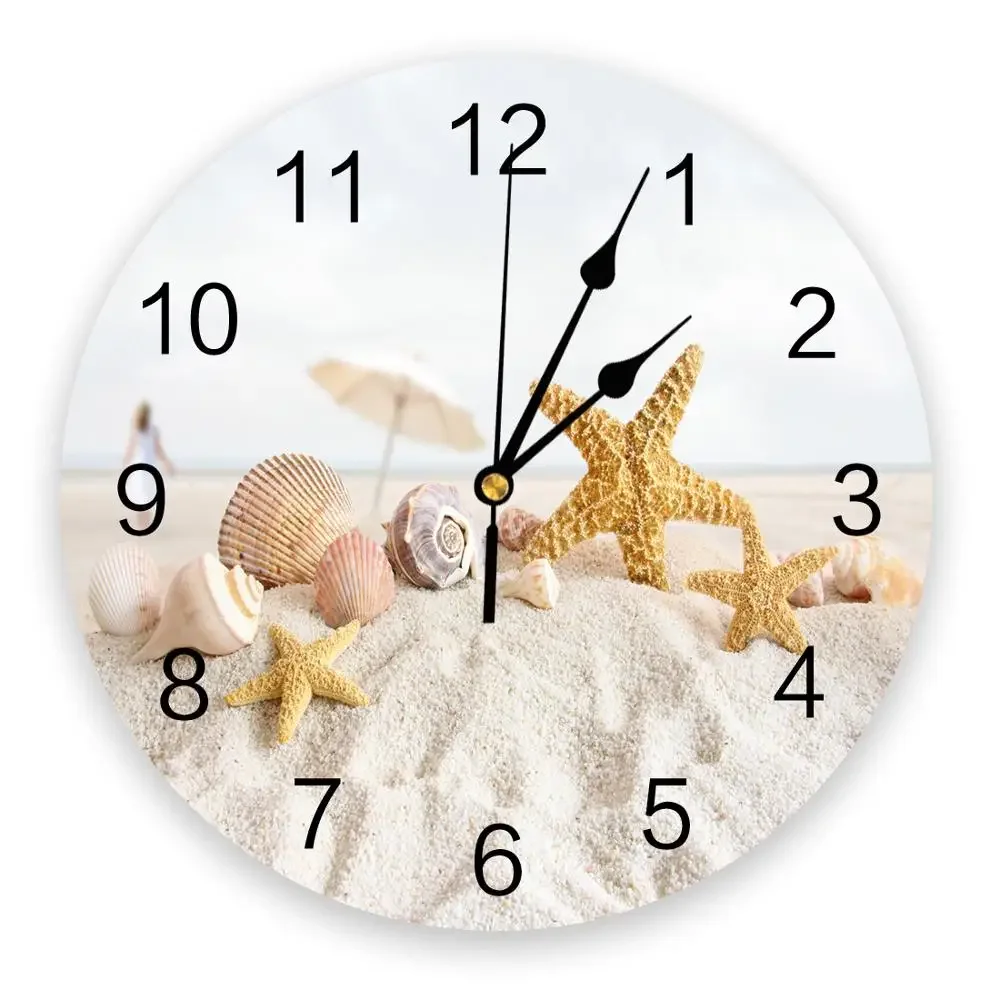 Beach Starfish Shell Umbrella PVC Wall Clock Living Room Bedroom Wall ...