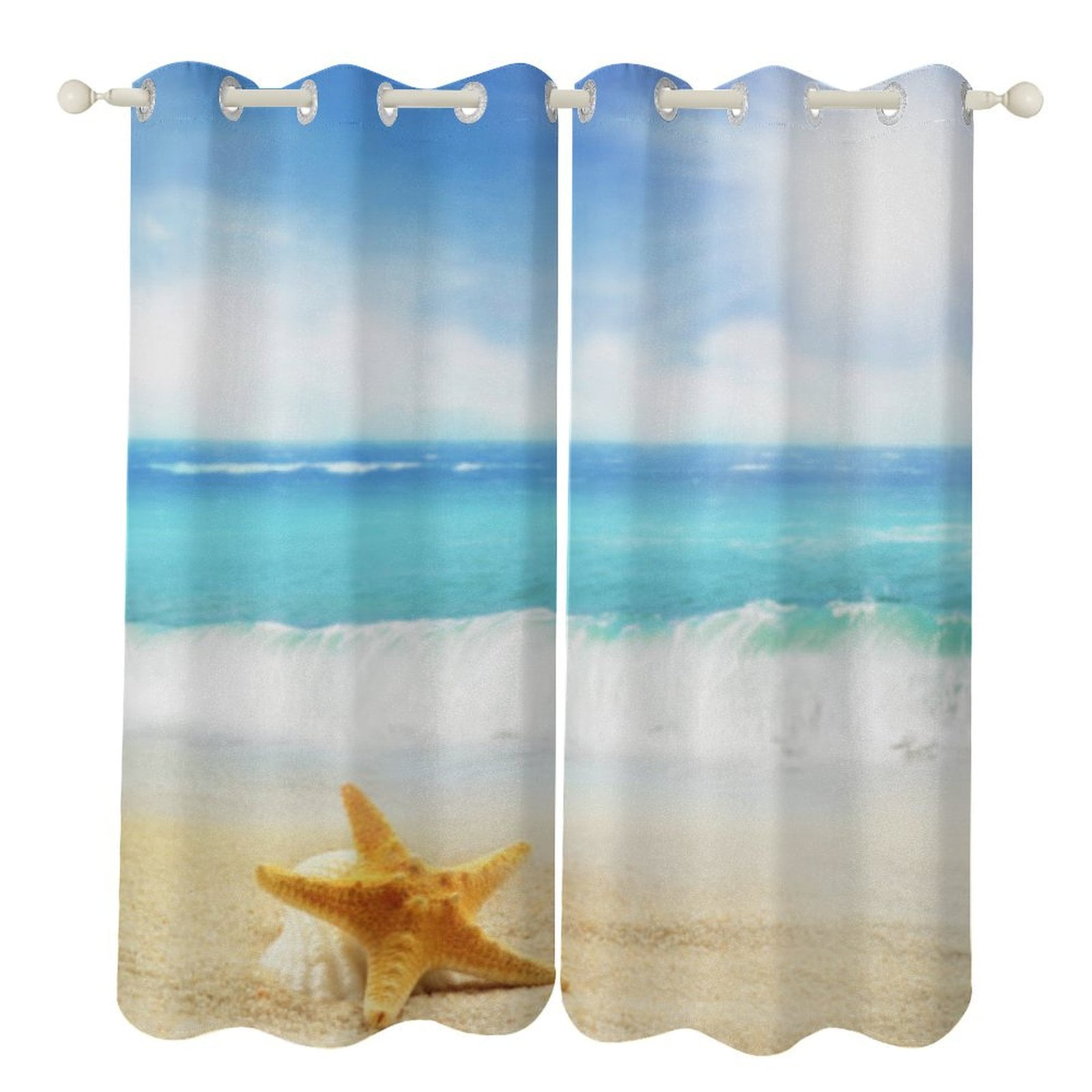 Beach Starfish Shells 2 Panel Curtain Set, Watercolor Painting Window ...