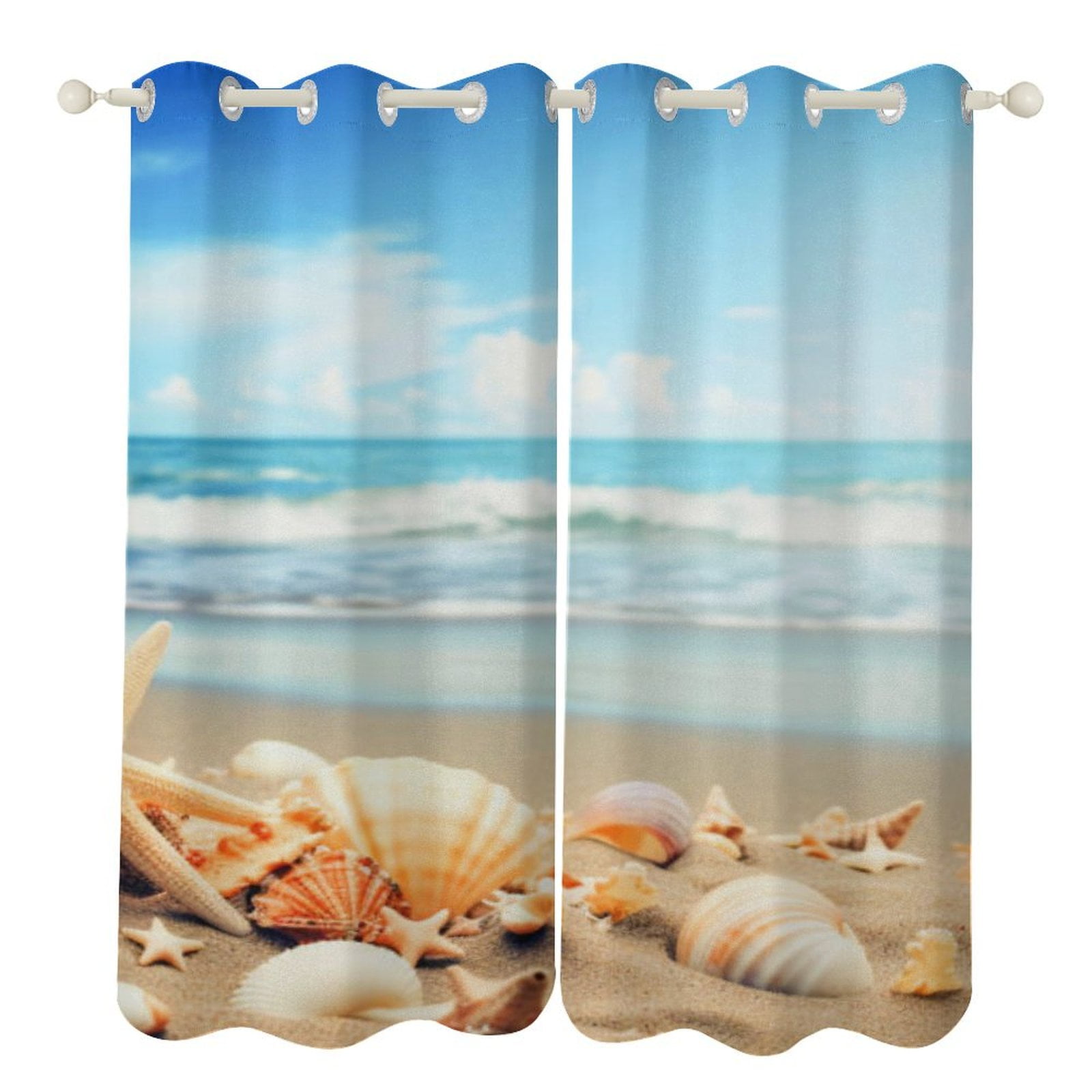 Beach Starfish Shells 2 Panel Curtain Set, Watercolor Painting Window ...