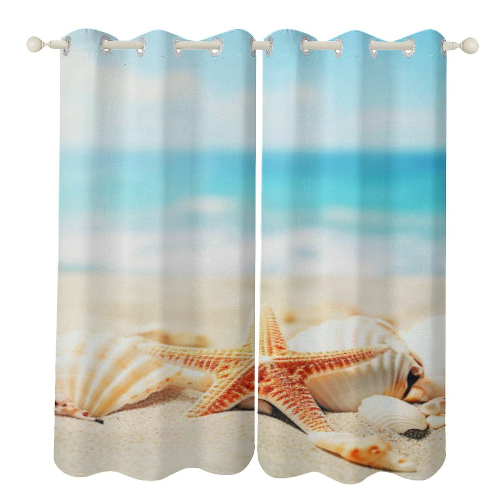 Beach Starfish Shells 2 Panel Curtain Set, Watercolor Painting Window ...