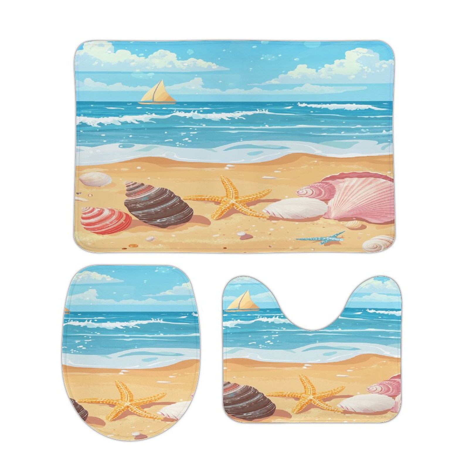 Beach Starfish Shells (76) Soft Bathroom Carpet Set , Contour Carpet Set, Toilet Lid, Bathroom ...