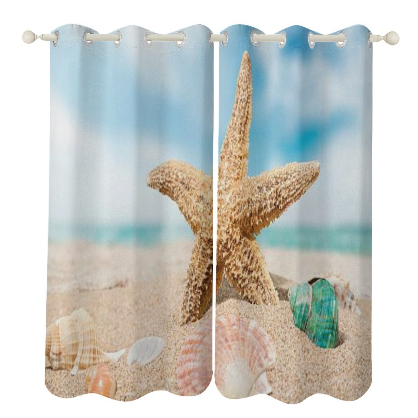 Beach Starfish Shells Curtains Watercolor Theme Window Curtains Grommet ...