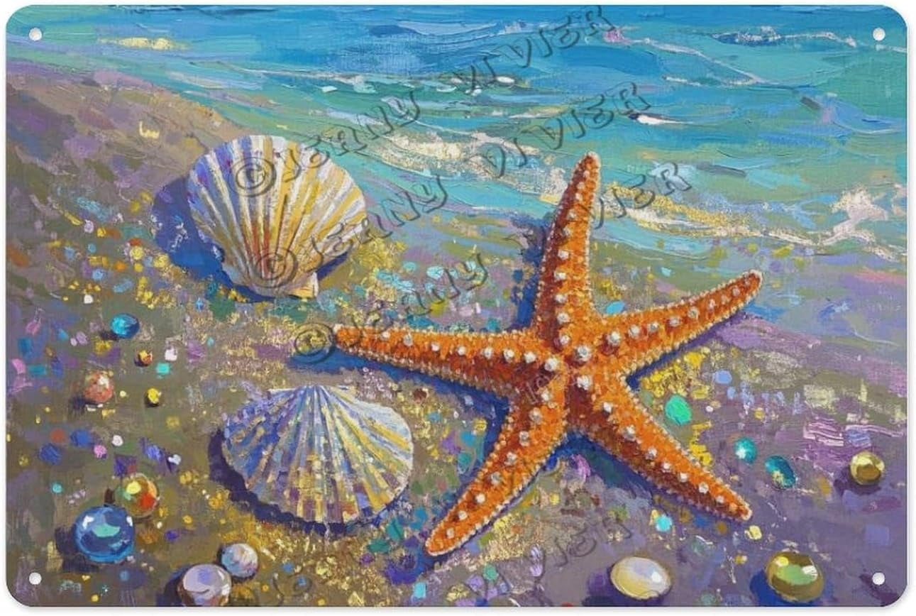 Beach Starfish & Shells Tin Sign – 8x12 Inch Coastal Wall Art for ...