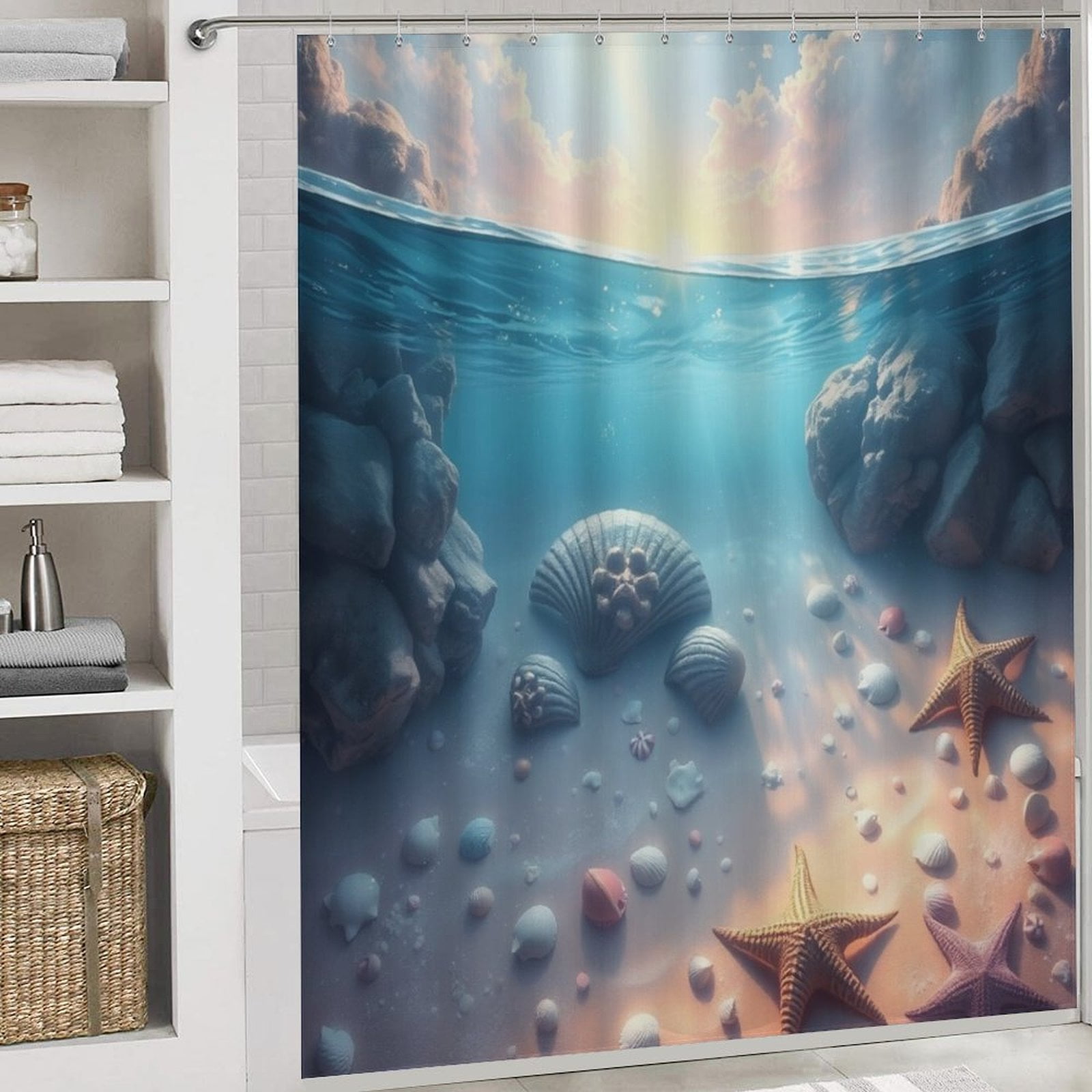 Beach Starfish Shower Curtain Bathtub Decor Bathroom Fabric Waterproof ...