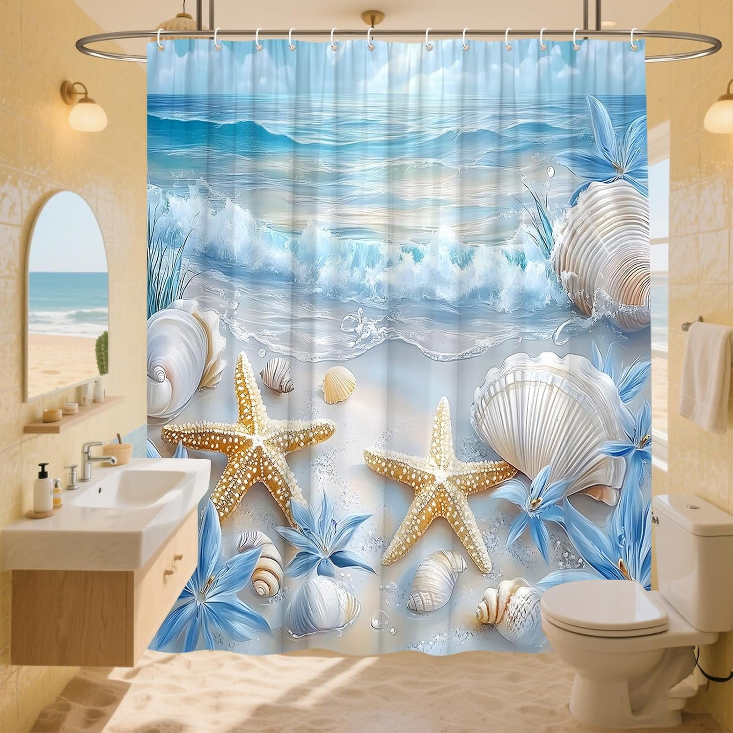 Beach Starfish Shower Curtain Sea Waves Seacoast Scenery with Sand with Various Seashells ...