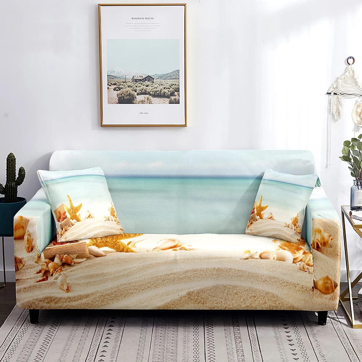 Beach Starfish Sofa Cover Ocean Seashell Conch Print Stretch Couch ...