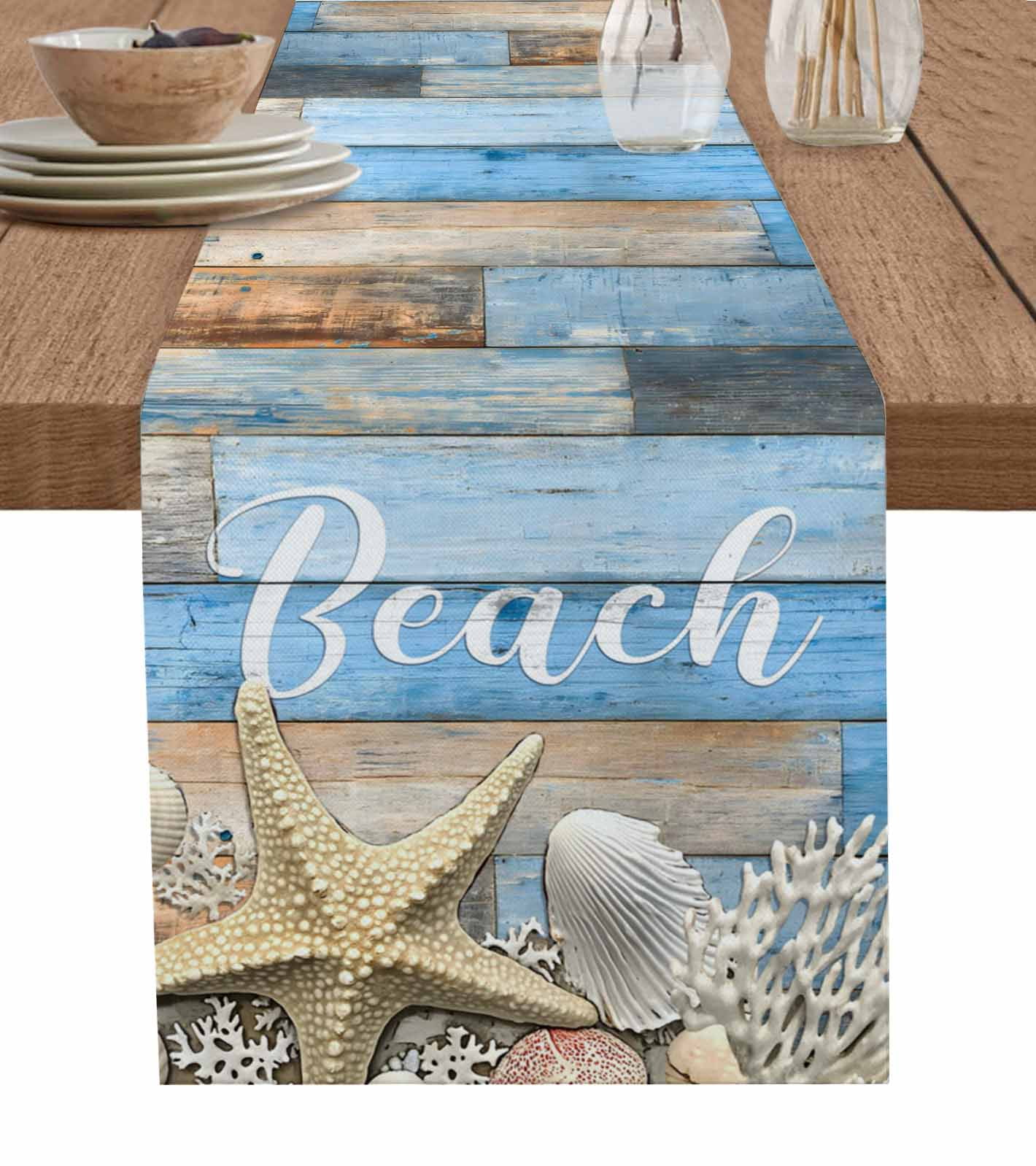Beach Starfish Table Runners 90 Inches Long, Cotton Linen Fabric Table ...