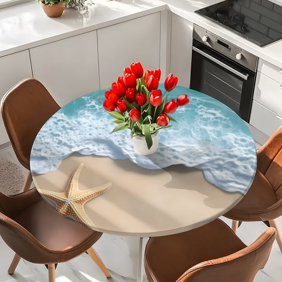 Beach Starfish Teal Sea Water Round Fitted Tablecloth with Elastic Edge ...