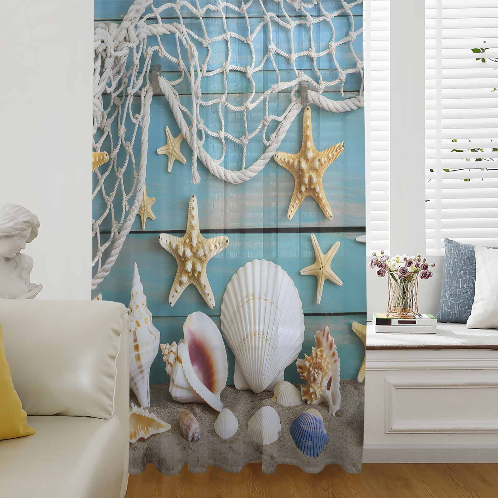 Beach Starfish Window Curtain 72 Inches Long,Ocean Conch Fishing Net ...