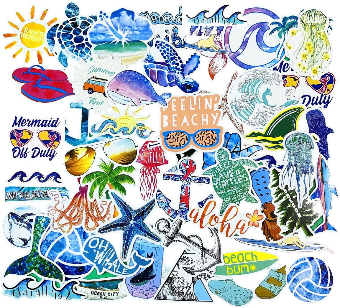 Beach Stickers 50pcs, Blue Surfing Waves Fresh Lively Turtle Laptop ...