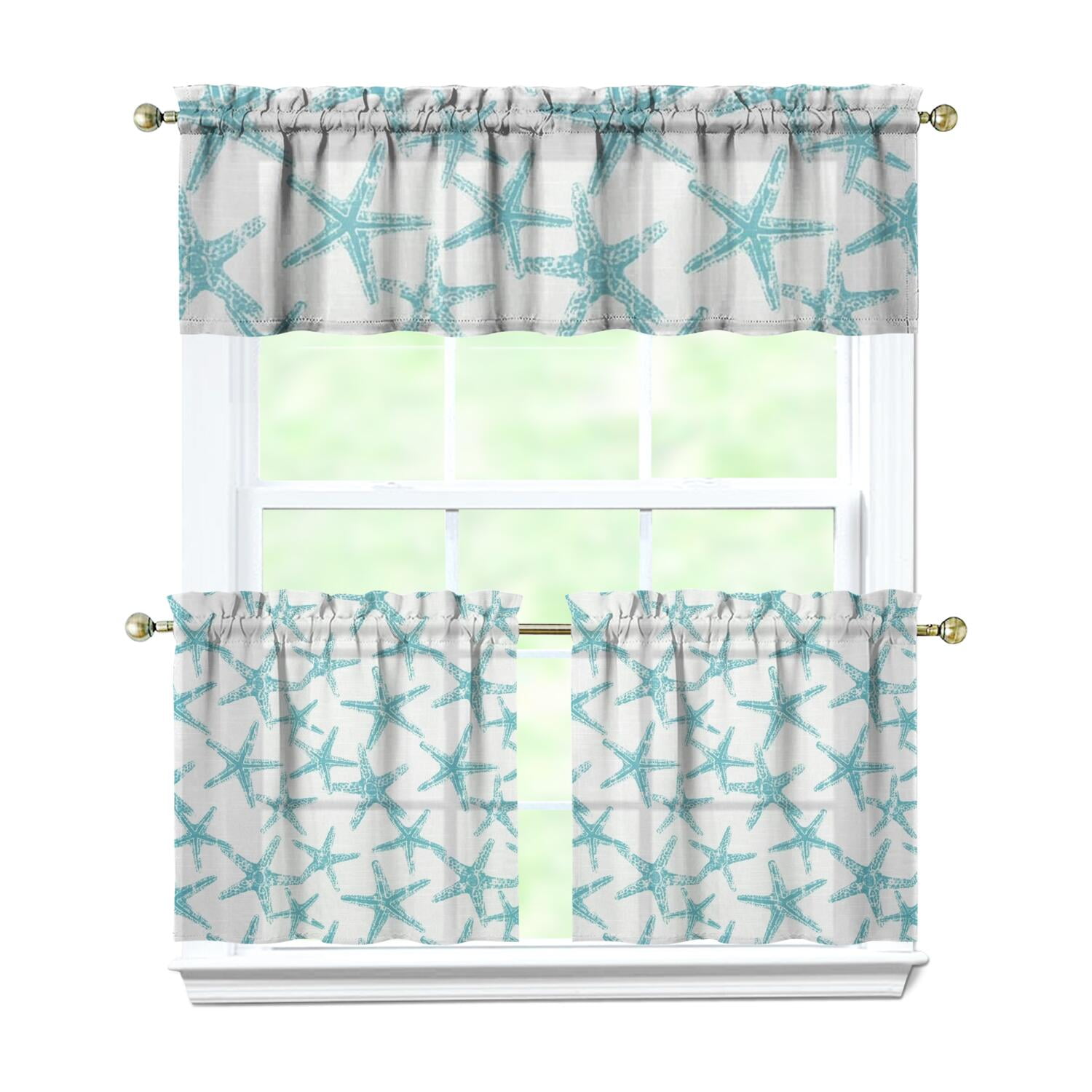 Beach Style Kitchen Curtains Set with Anchor Starfish Coral Fish Ocean ...