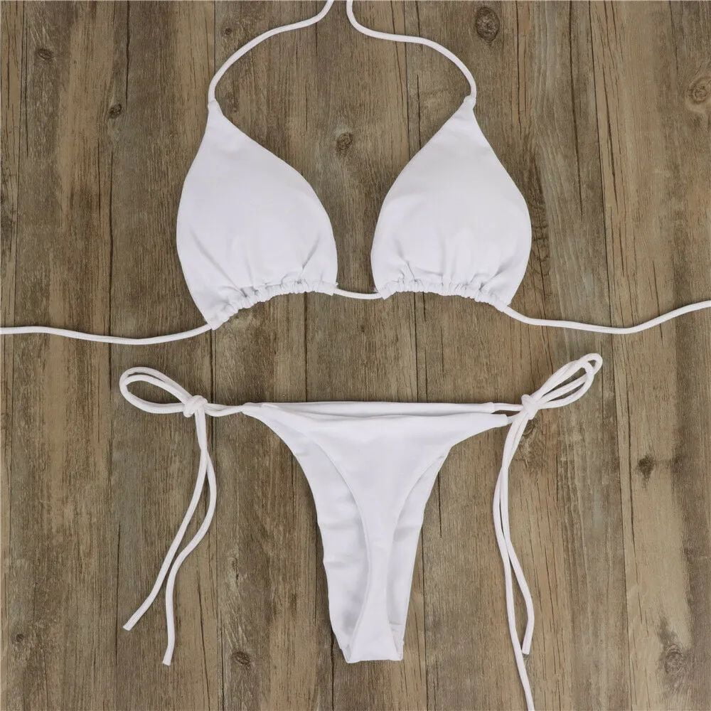 Beach Style Swimsuit for Women Sexy Halter Swimwear Solid Thong Female ...
