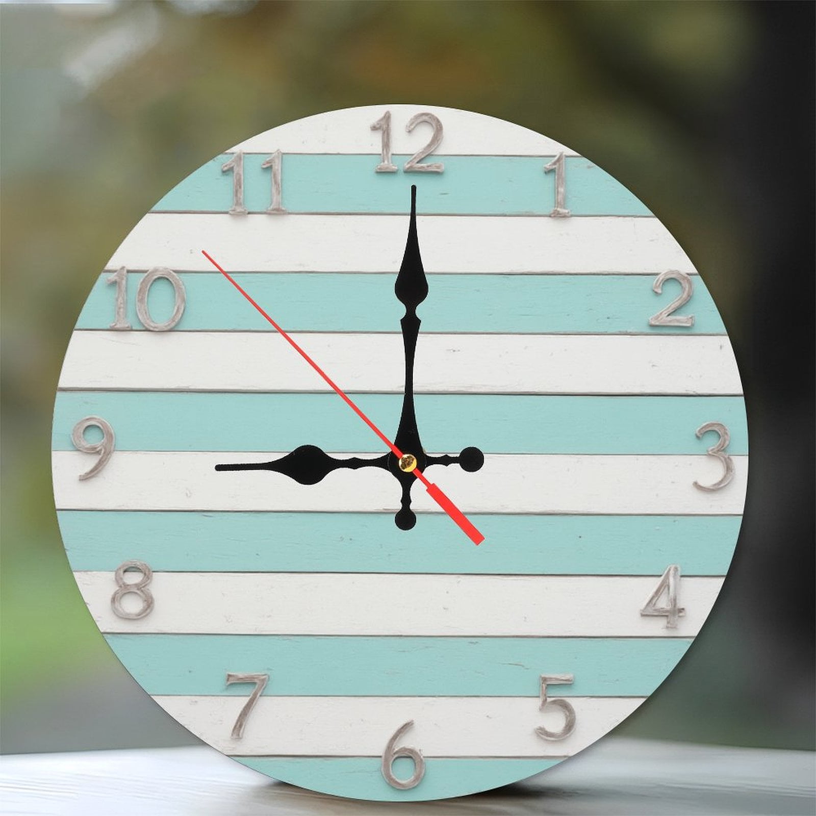 Beach Style Wall Clock Wooden Turquoise White Stripes Home Decor 10 ...
