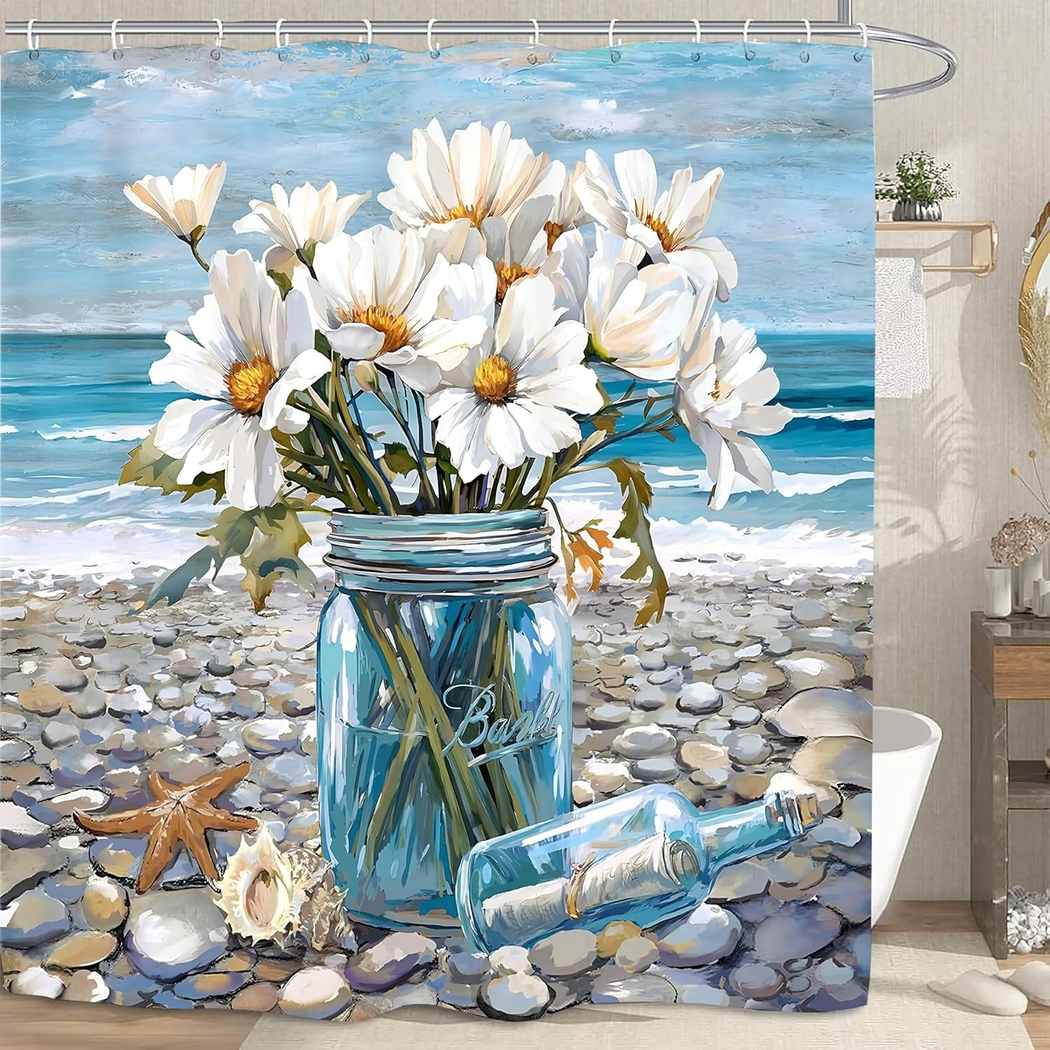 Beach Summer Shower Curtain 72Wx72L Inches Ocean Theme Blue Floral ...