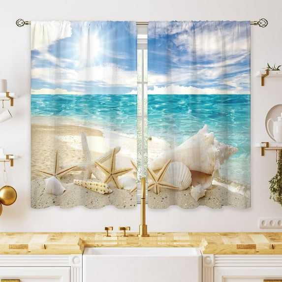 Beach Summer Small Kitchen Curtains Starfish Window Treatment Seashells ...