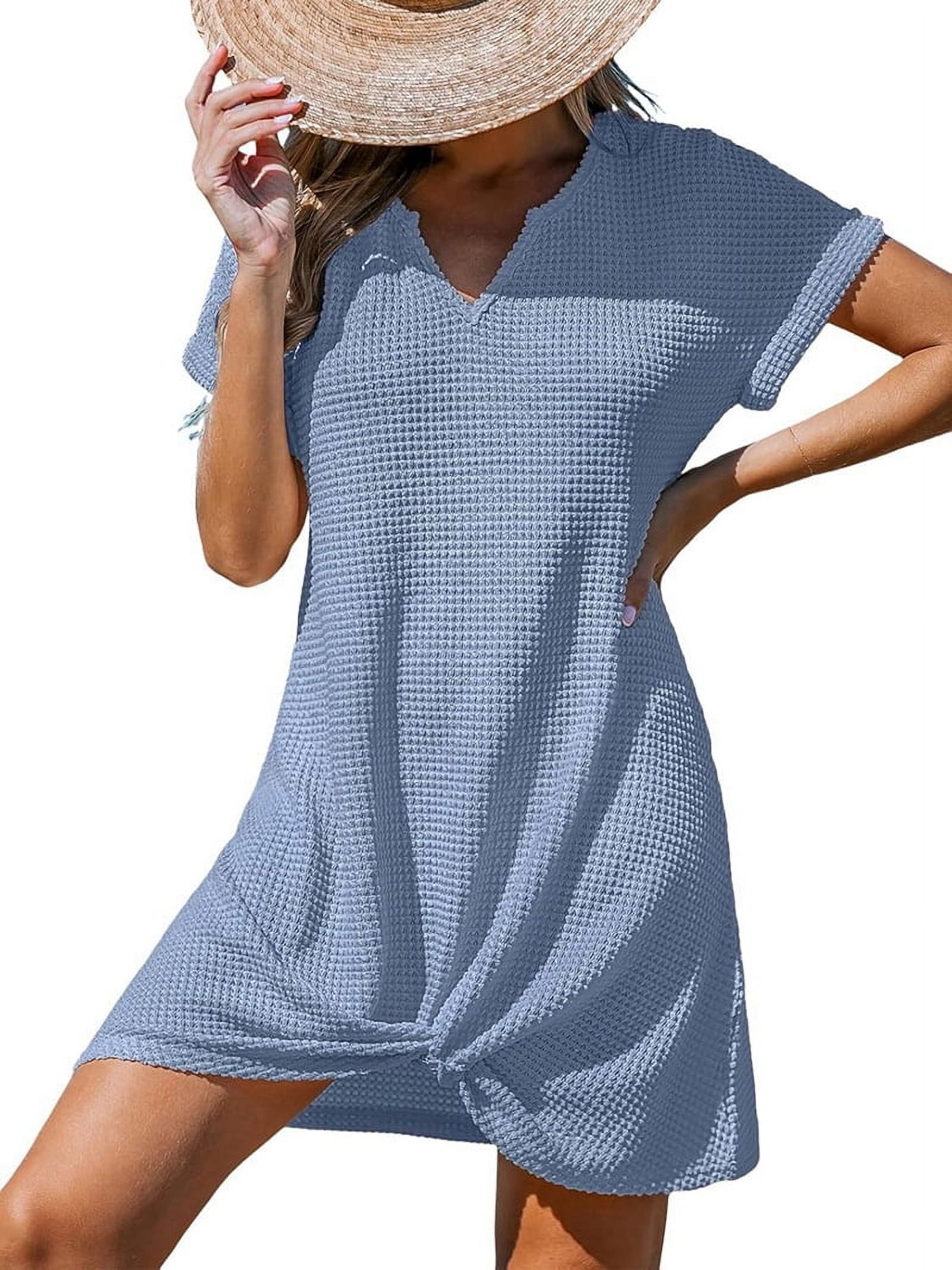 Beach Sun Protection Skirt Casual V-Neck Twist Cover-Up Dress Light Blue M - Walmart.com