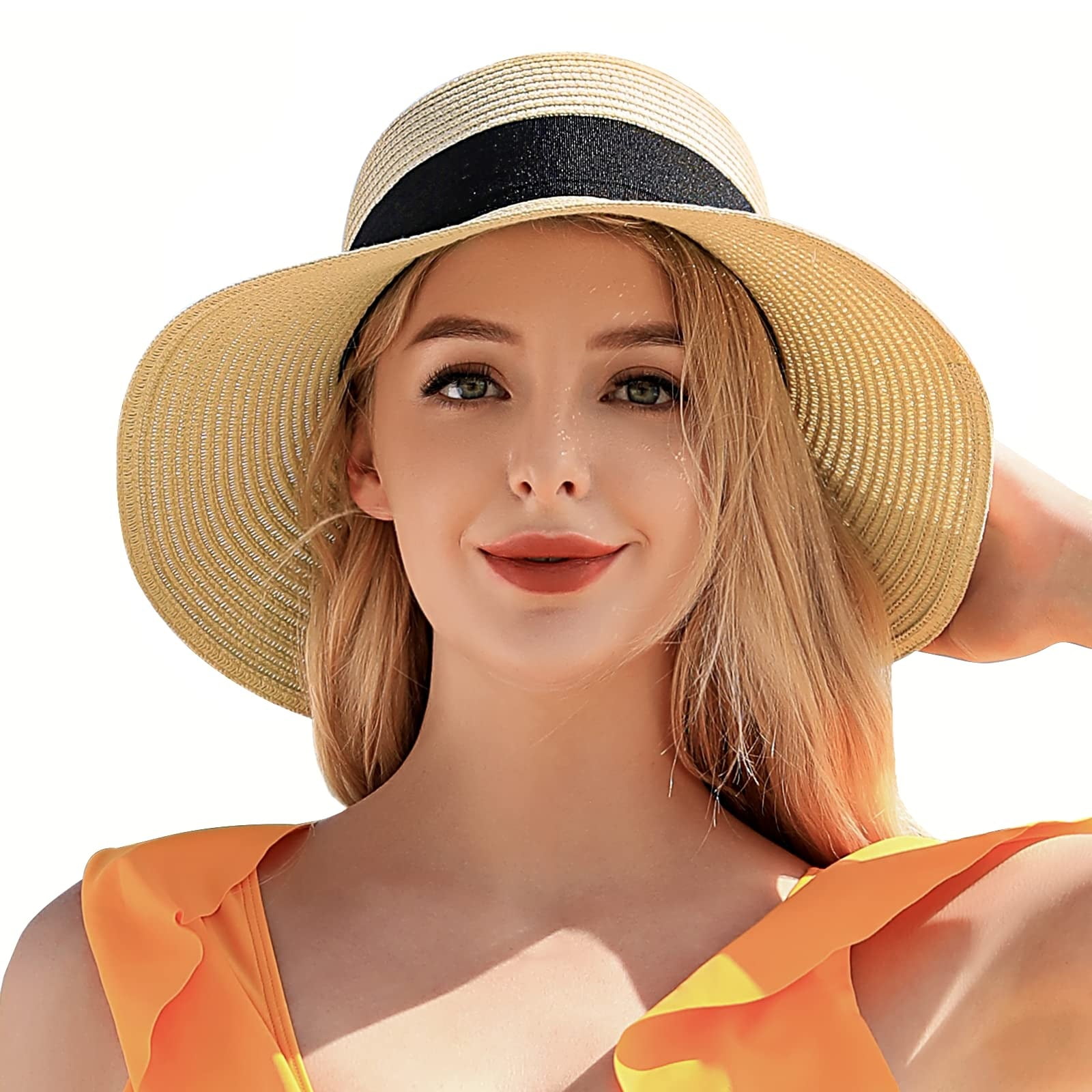Beach Sun Straw Hats for Women Beige & Khaki UPF 50+ UV Sun Protection ...