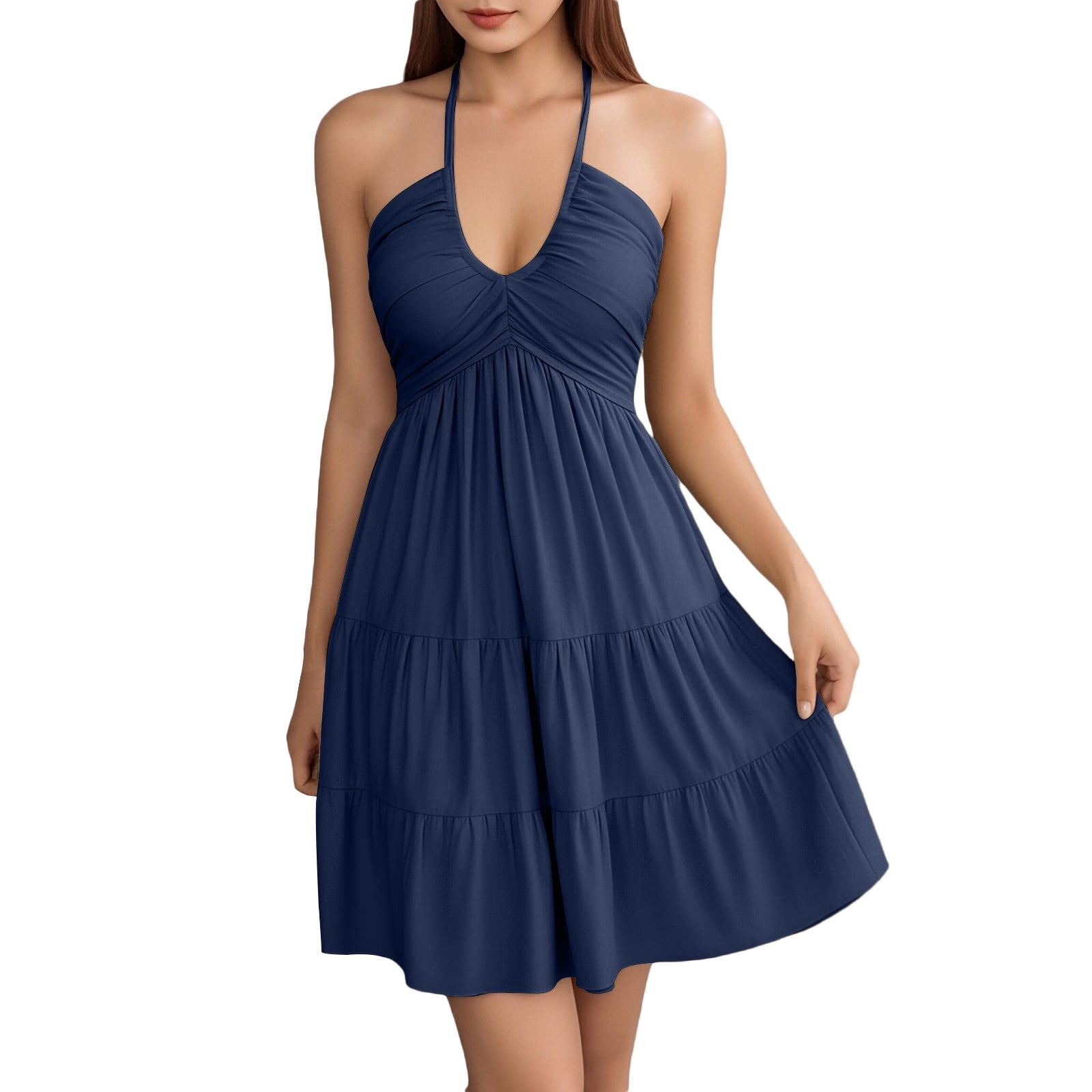 Beach Sundress for Women Sleeveless Linen Halter Neck Backless Mini ...