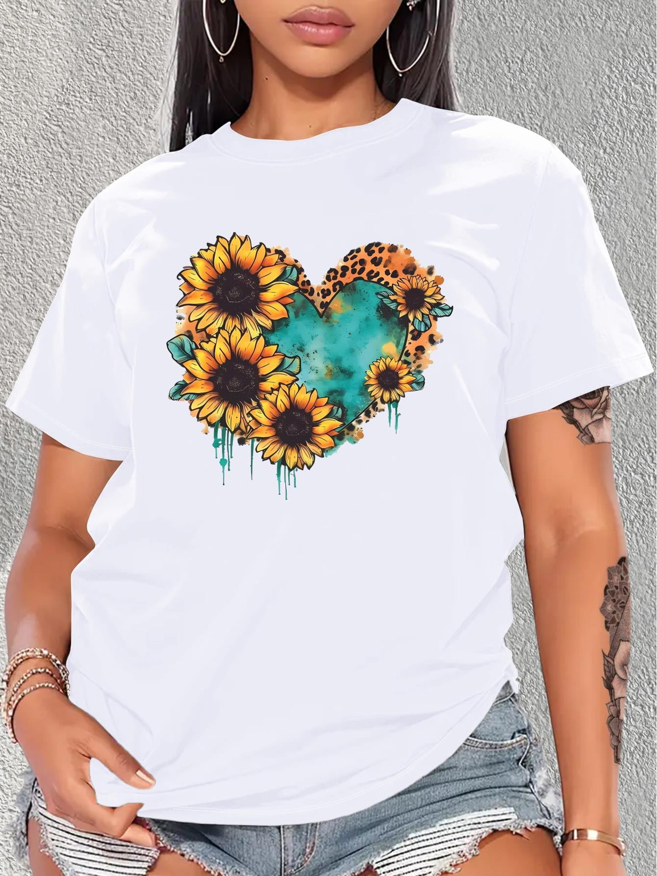 Beach Sunflower Print Round Neck T-Shirt, Sports Trendy Short Sleeve T ...