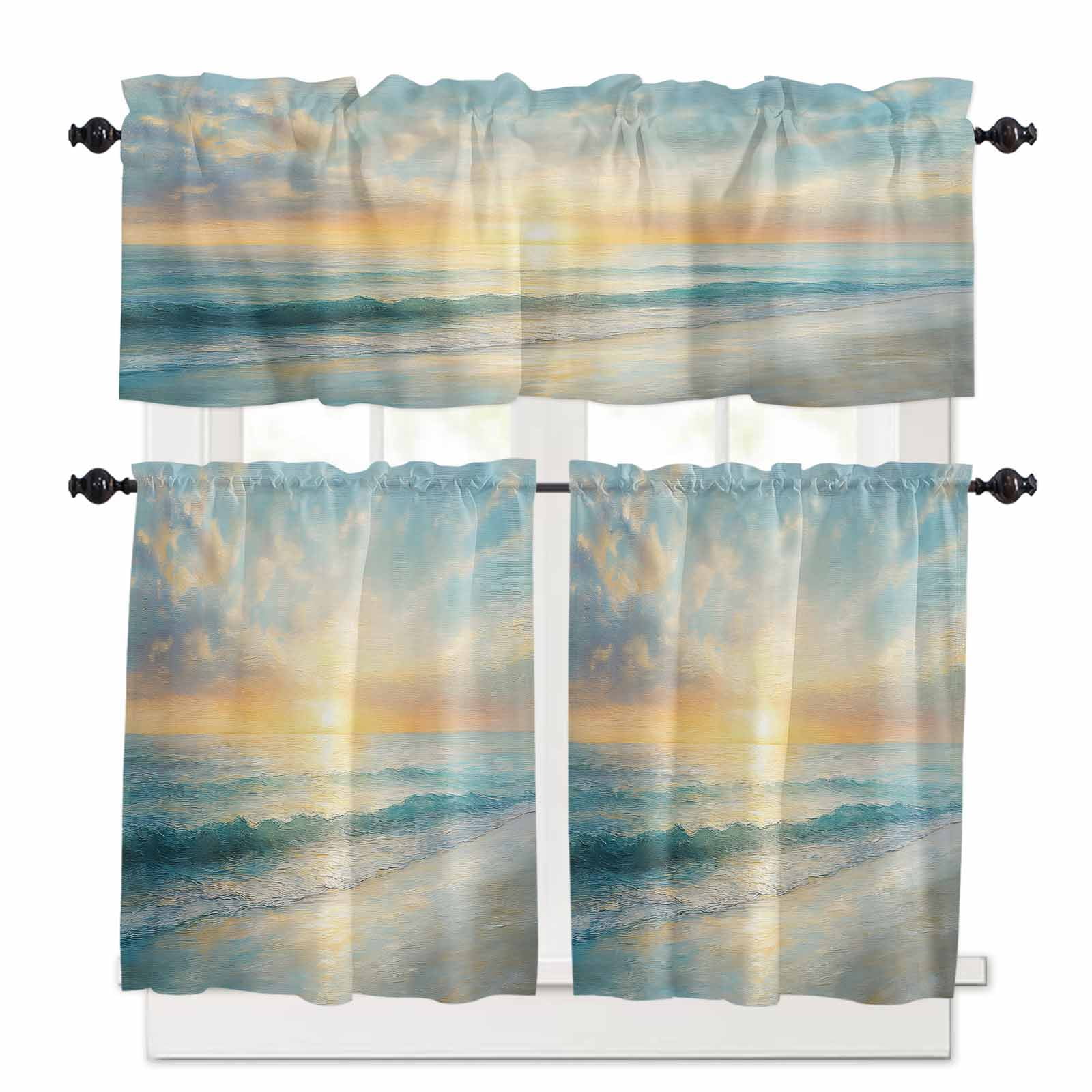 Beach Sunrise Kitchen Curtains Valance and Tier Set Ocean Sky Sea Water ...