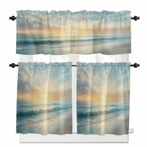 Beach Sunrise Kitchen Curtains Valance and Tier Set Ocean Sky Sea Water ...