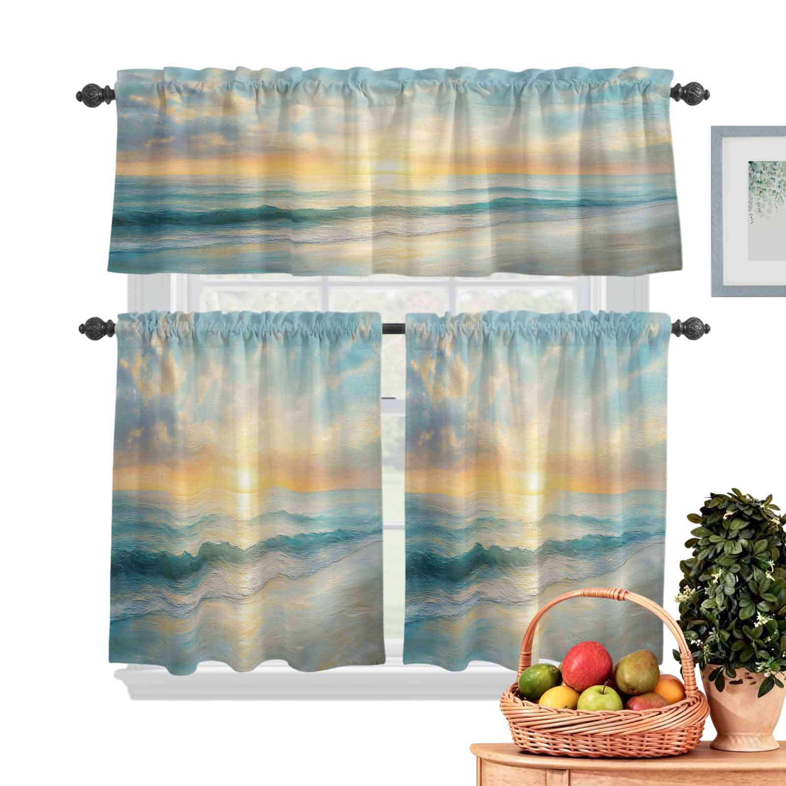 Beach Sunrise Kitchen Curtains Valances 3 Piece Set, Ocean Sky Sea ...