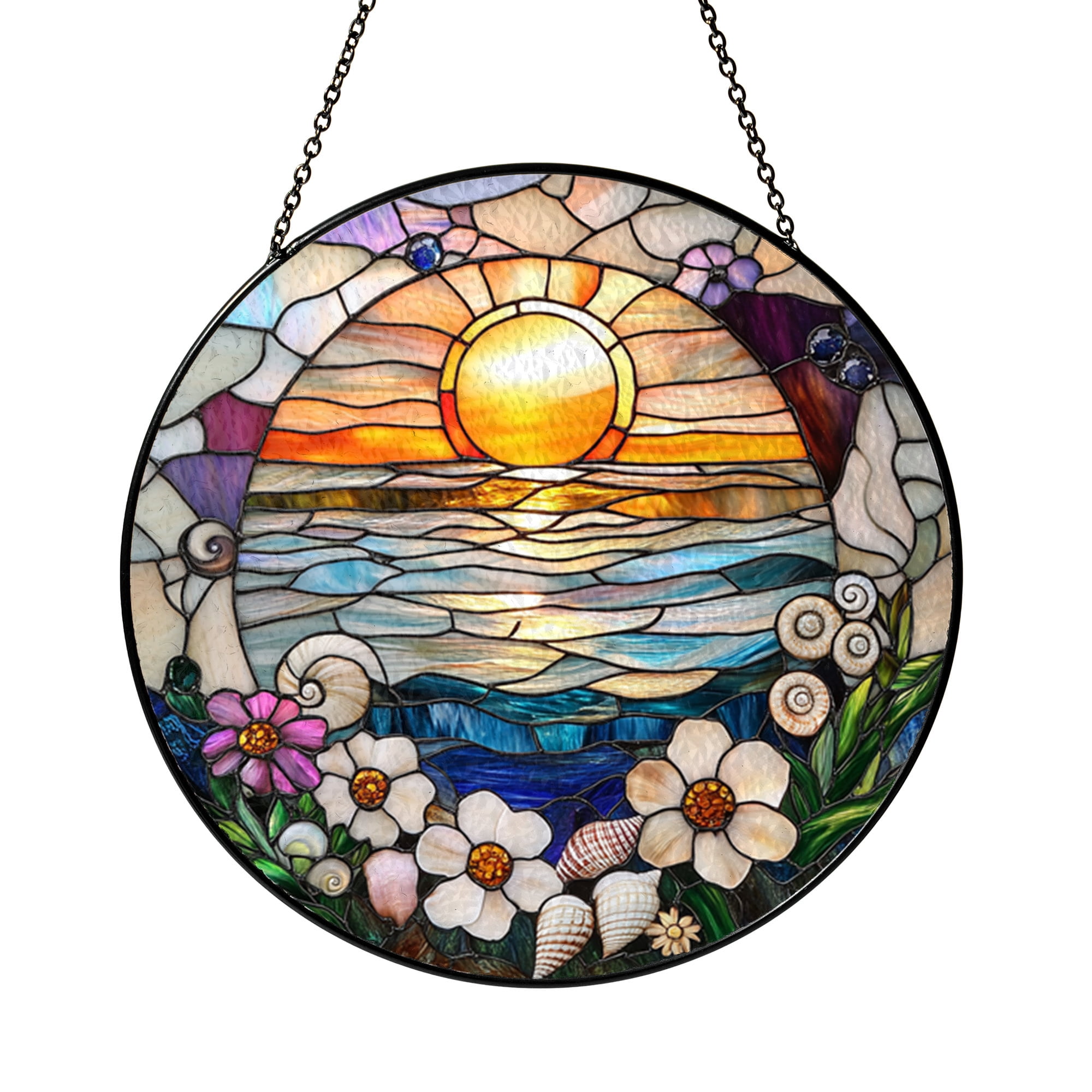 Beach Sunrise Stained Glass Suncatcher, Coastal Window Hanging Decor ...