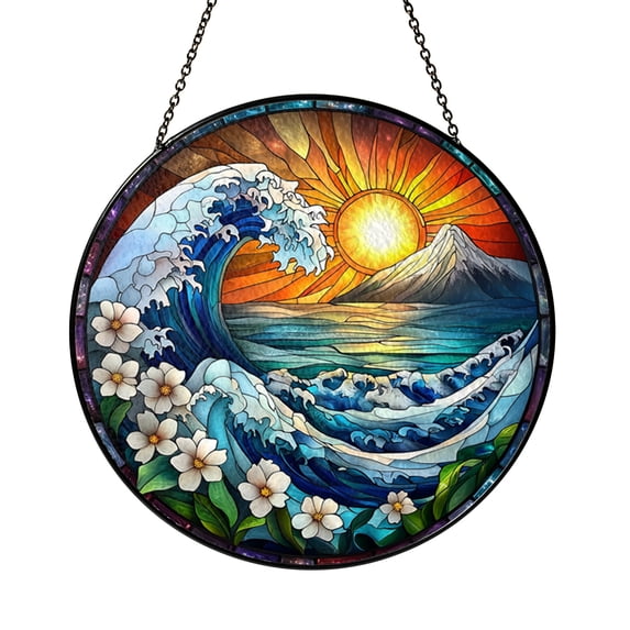 Beach Sunrise Stained Glass Suncatcher Window Hanging, Ocean Waves ...