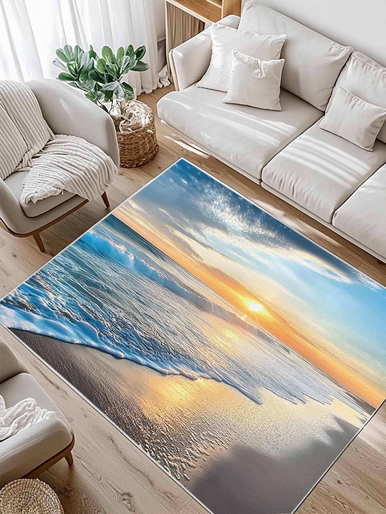 Beach Sunset Area Rug for Bedroom 4x6 Ft Ocean Spray Sea Romance ...