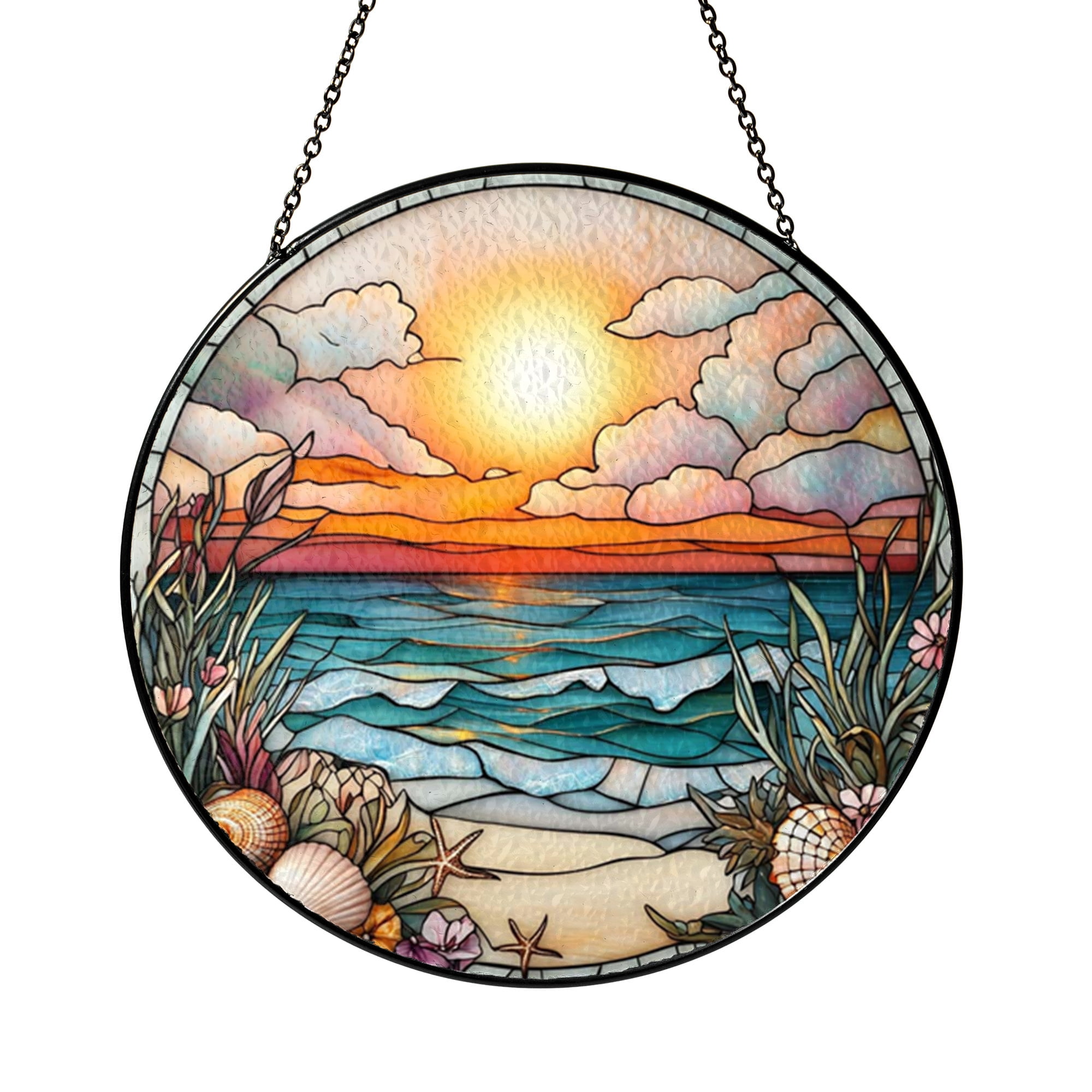Beach Sunset Coastal Ocean Stained Glass Style Window Suncatcher ...