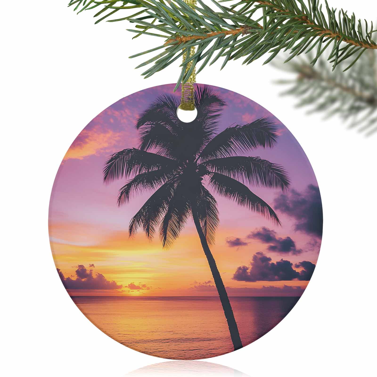 Beach Sunset Coconut Tree Christmas Ceramic Ornament 2025,3" Round Xmas ...