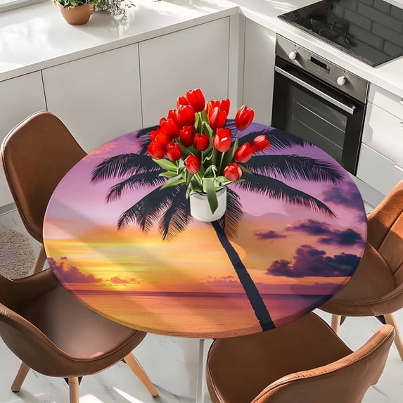 Beach Sunset Coconut Tree Round Fitted Tablecloth with Elastic Edge ...