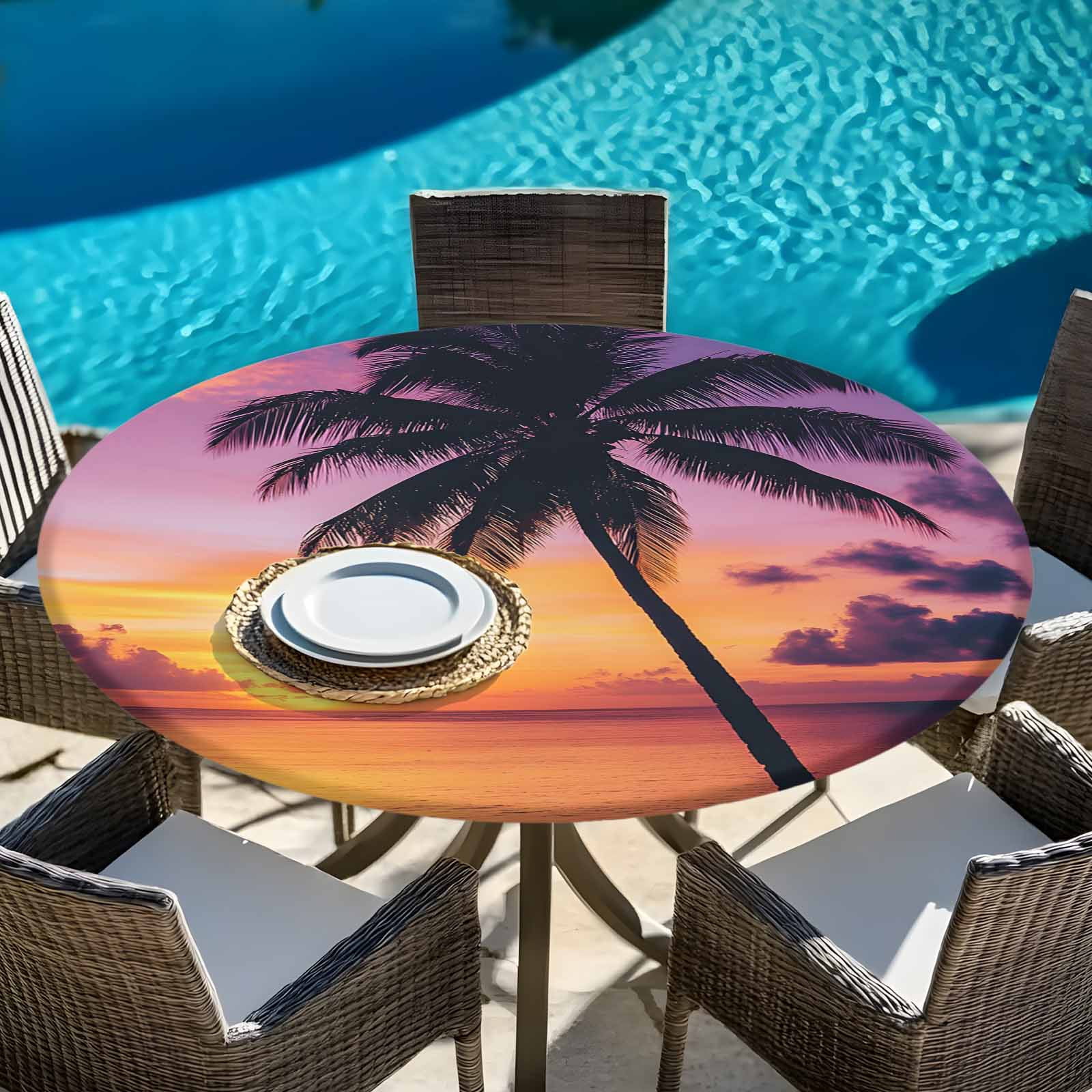 Beach Sunset Coconut Tree Round Fitted Tablecloth with Elastic Edge ...