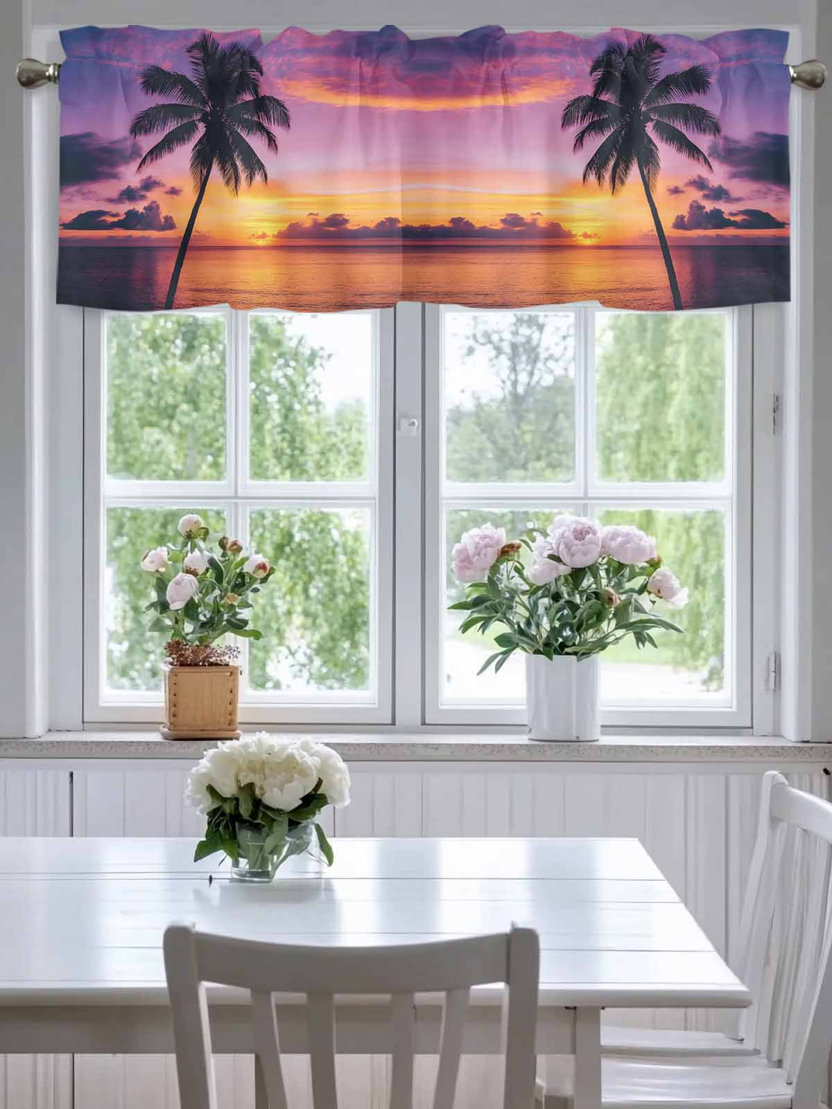 Beach Sunset Coconut Tree Valances for Windows,Kitchen Valance Rod ...