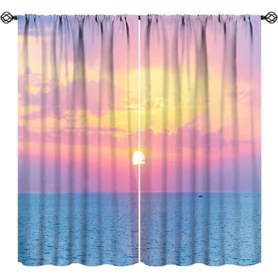 Beach Sunset Curtains, Ocean Pink Orange Sunrise View Scene Window ...