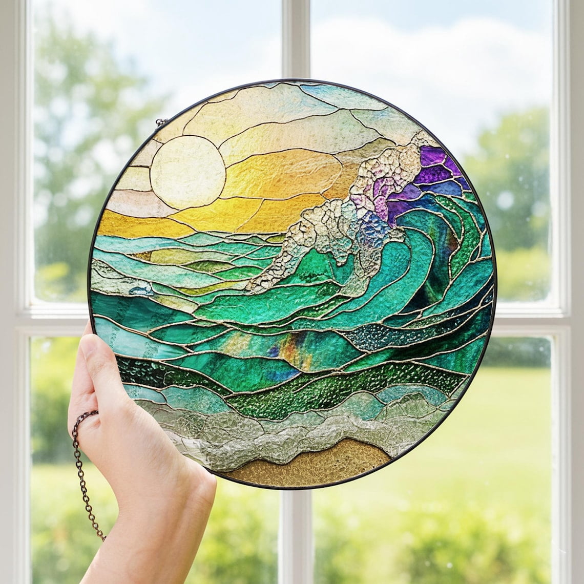Beach Sunset Glass Suncatcher, Coastal Beach Window Hanging, Seaside ...